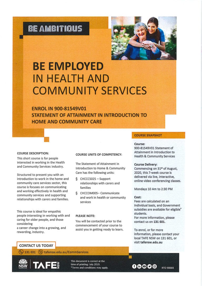TAFE courses for those interested in working in aged care or health ...